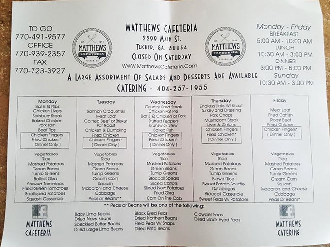 This menu isn't just a list—it's a weekly rhythm of Southern life. Thursday means turkey and dressing, as reliable as sunrise.