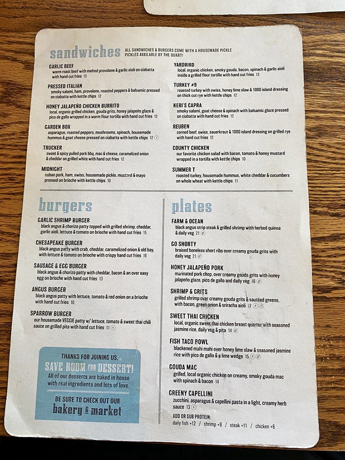 This menu isn't just a list of options—it's a roadmap to flavor country, with each sandwich promising its own delicious adventure.