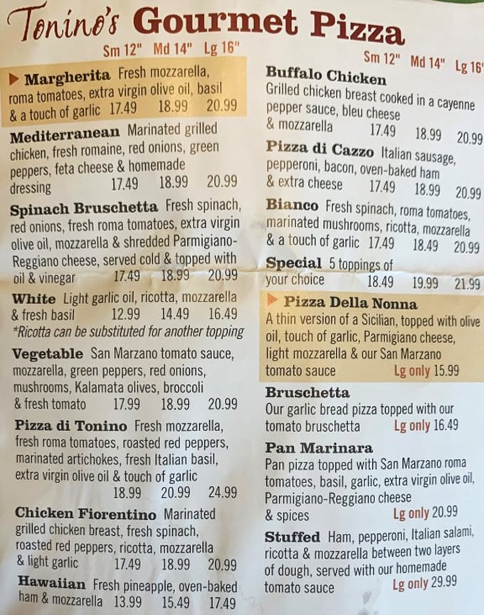 A menu that doesn't need fancy fonts or flowery descriptions—just honest ingredients and combinations that have stood the test of time. Pizza poetry in list form.