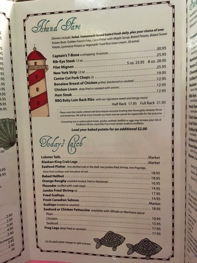 The menu reads like a love letter to classic American cuisine—where "Island Fare" means steaks and seafood, not tropical fruit and umbrella drinks.