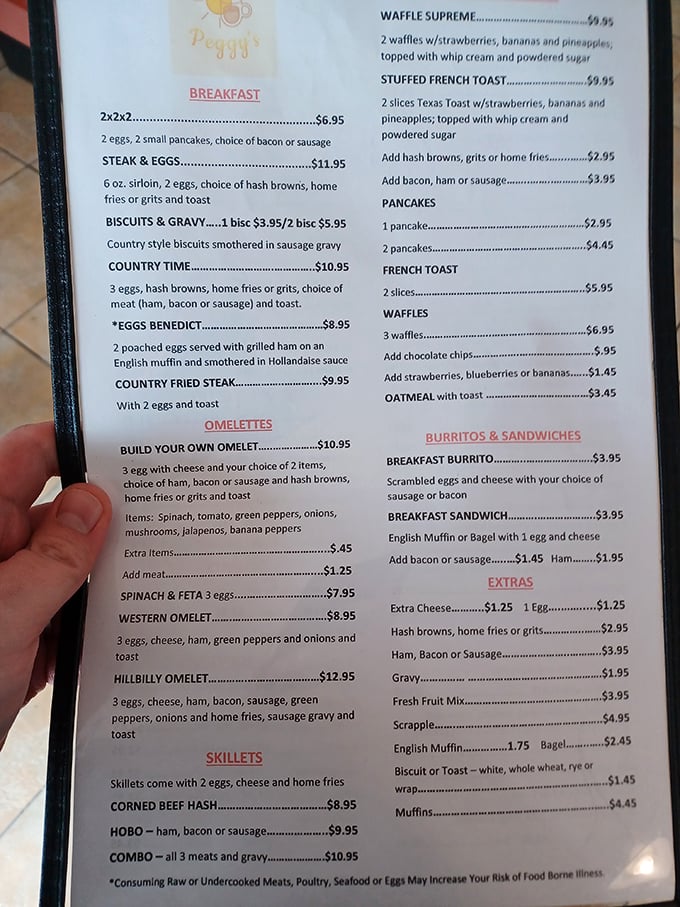 A menu that doesn't need fancy fonts or pretentious descriptions—just straightforward breakfast glory that speaks for itself.