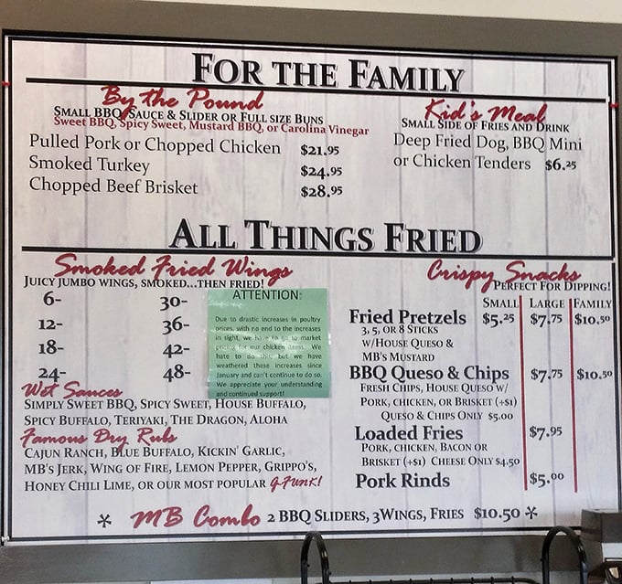 This menu isn't just a list—it's a roadmap to happiness. The "Famous Dry Rubs" section alone deserves its own ZIP code.