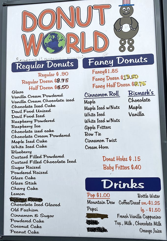 The menu board at Donut World reads like poetry to pastry lovers—simple, straightforward, and guaranteed to make your stomach growl in anticipation.