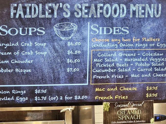 A chalkboard menu that reads like poetry to seafood lovers. Maryland crab soup and collard greens—the supporting cast to the star attraction.
