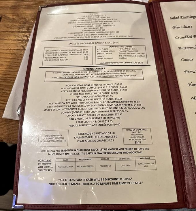 A menu that doesn't need fancy fonts or flowery descriptions – just the promise of perfectly prepared beef that speaks for itself.