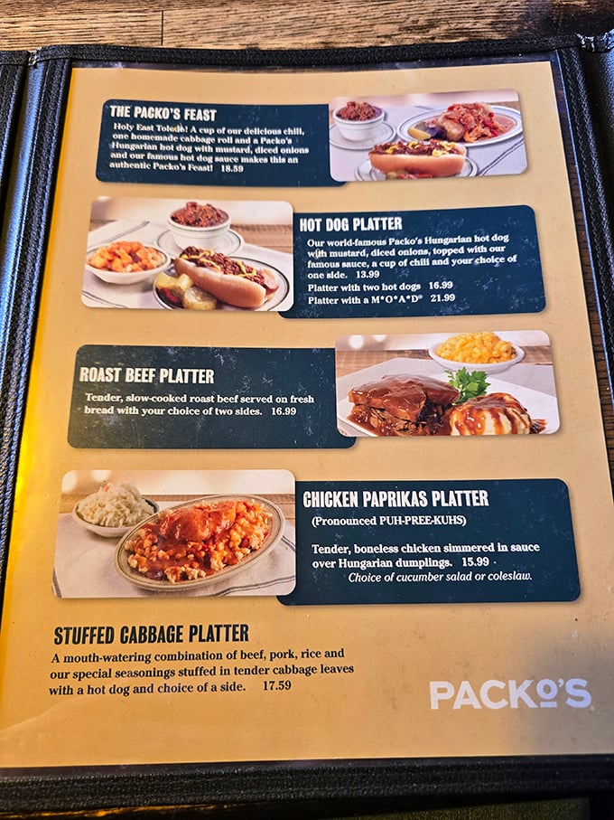 The menu reads like a Hungarian grandmother's greatest hits album, with chicken paprikas getting star billing and pronunciation help for the uninitiated.