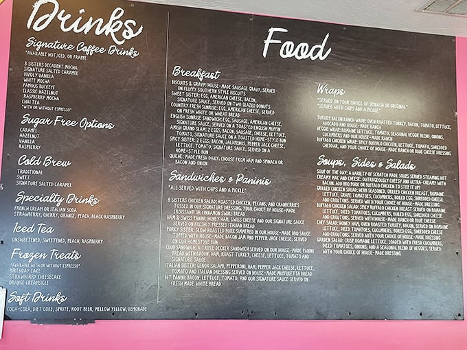 The menu board reads like a love letter to hungry travelers – breakfast sandwiches, signature coffee drinks, and homemade pies await.