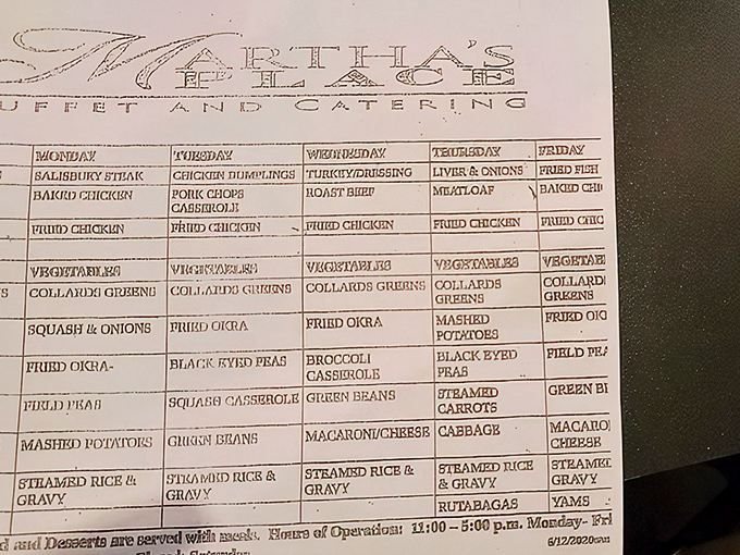 The weekly menu board—a sacred text for regulars who plan their lives around Meatloaf Thursday and Fried Fish Friday.