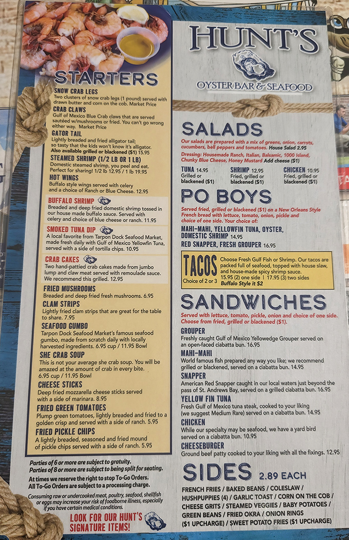 The menu reads like a love letter to the Gulf, with "Hunt's Signature Items" promising the kind of seafood experience worth crossing state lines for.