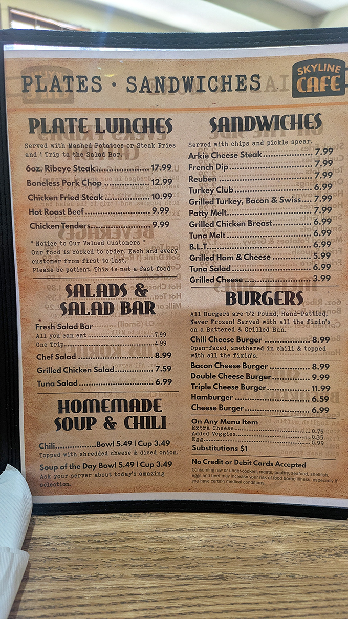 The menu tells the whole story – honest food at honest prices, where "homemade" isn't just marketing, it's a mission statement.