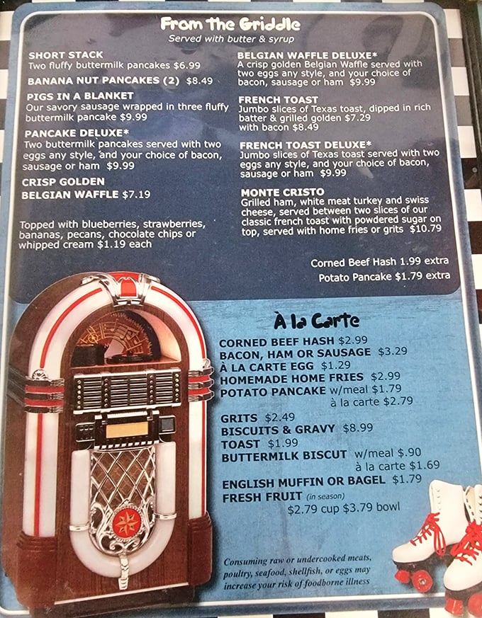 This menu isn't just a list of options—it's a roadmap to happiness. The Belgian waffle alone has changed lives and ruined diets.