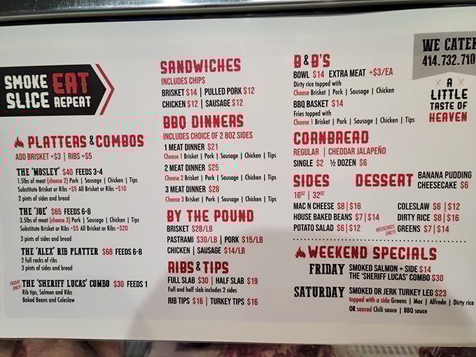 The menu board reads like a love letter to smoked meats – "Smoke. Eat. Slice. Repeat." isn't just clever marketing, it's a lifestyle philosophy worth adopting.