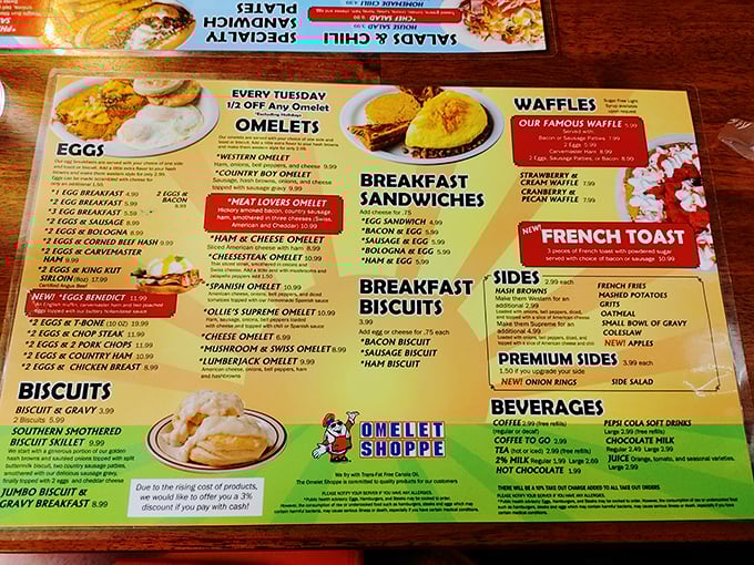 This menu isn't just listing food—it's offering a roadmap to happiness with Tuesday's half-off omelets serving as the scenic route.