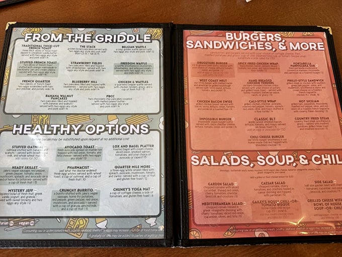 When your menu needs this much real estate, you know the kitchen means serious breakfast business – pick your adventure wisely.