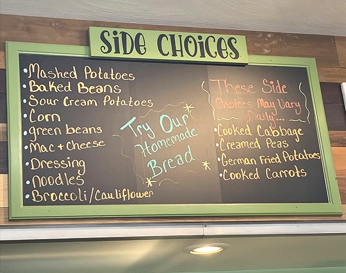 The chalkboard menu reads like a love letter to Midwestern comfort food. That "Try Our Homemade Bread" isn't a suggestion—it's salvation.