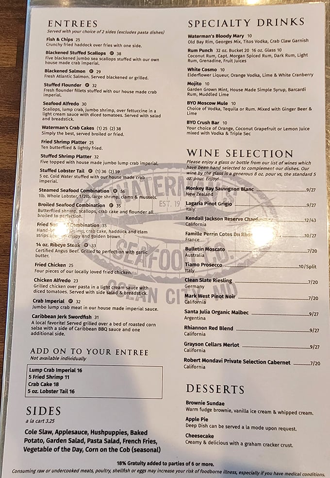 This menu isn't just a list of options—it's a treasure map to seafood nirvana. The Crab Imperial alone is worth the pilgrimage.