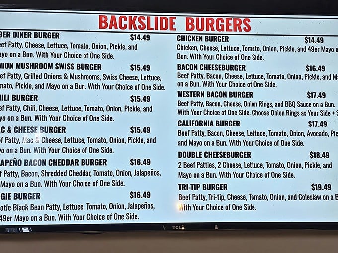 The "Backslide Burgers" menu reads like a love letter to American appetite – each option more tempting than the last.