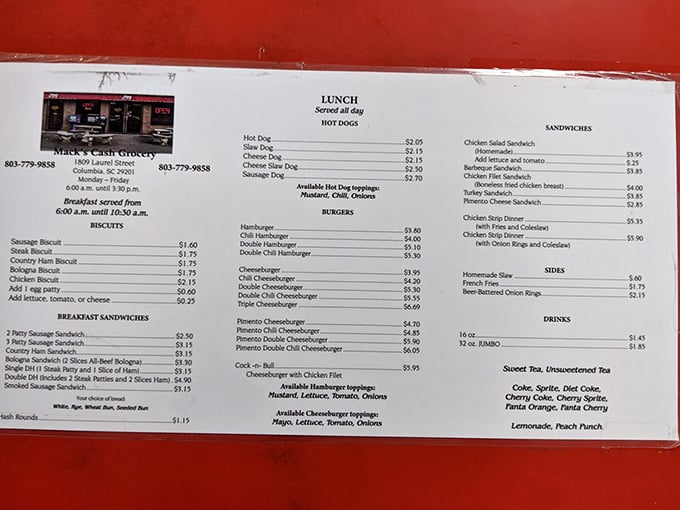 This menu isn't just a list of options—it's a historical document chronicling South Carolina's love affair with unpretentious, soul-satisfying food. Notice the absence of kale.