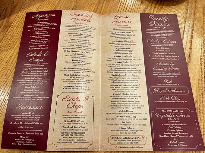 This menu isn't just a list of food—it's a roadmap to Southern comfort that makes choosing just one item feel like Sophie's Choice for your stomach.