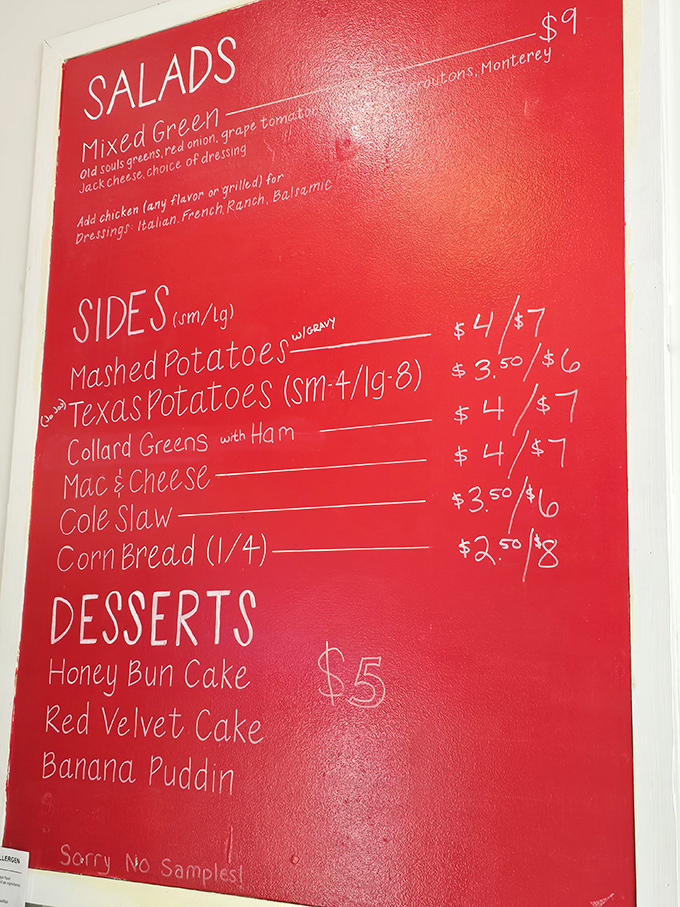 A menu that cuts right to the chase—no fancy descriptions needed when the food speaks for itself. Those red boards hold the roadmap to your chicken happiness.