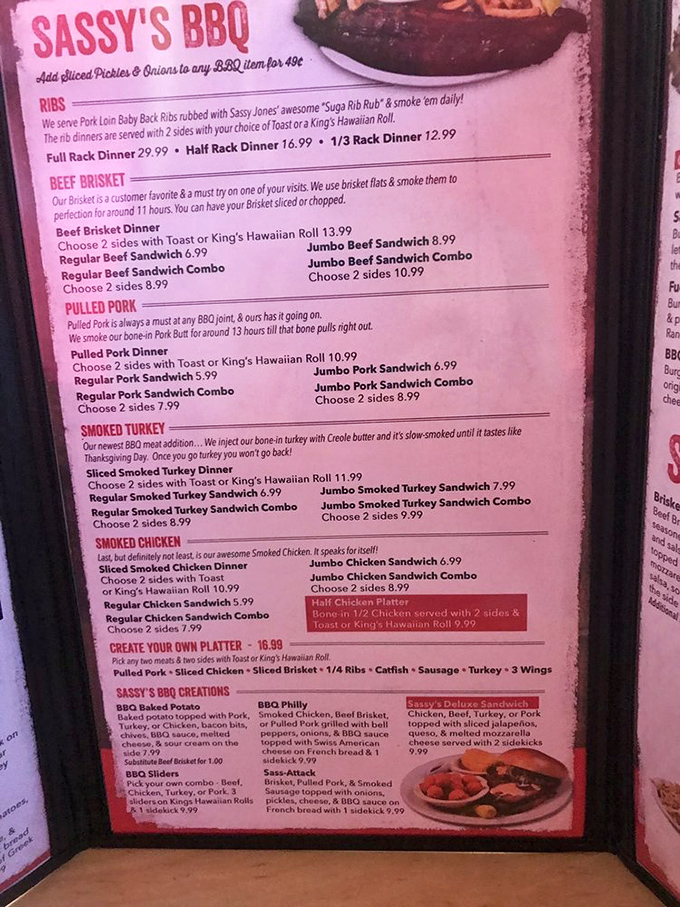 The menu reads like barbecue poetry—each description promising slow-smoked perfection that makes you want to order one of everything, diet plans be damned.