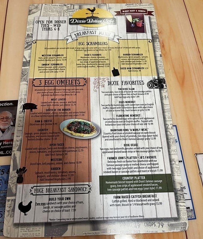 This menu isn't just a list of food—it's a roadmap to happiness, with "Dixie Favorites" and "Barnyard Man 'A Manly Meal'" promising breakfast nirvana.