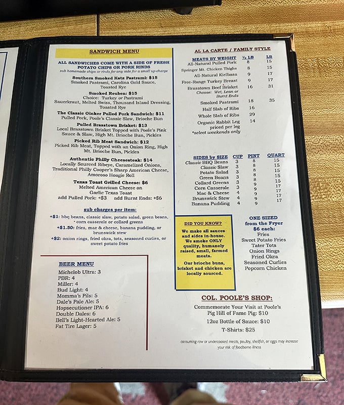 The menu at Poole's doesn't mess around—straightforward barbecue classics with sides that deserve their own fan club.