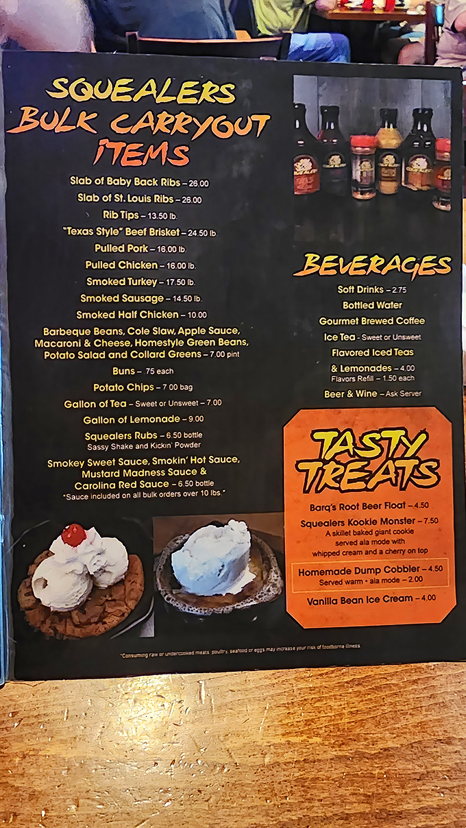 The menu board tells the delicious truth – Squealers isn't messing around with their smoked meat offerings or homestyle sides.