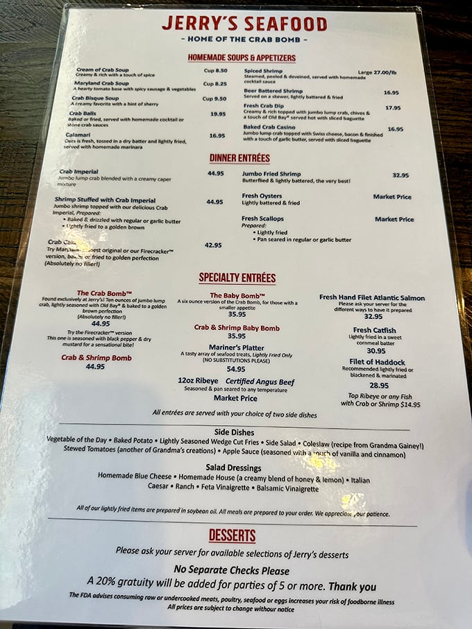 The menu reads like a love letter to Maryland's seafood heritage. Notice how "The Crab Bomb" gets its own special billing—this isn't seafood hubris, it's justified confidence.