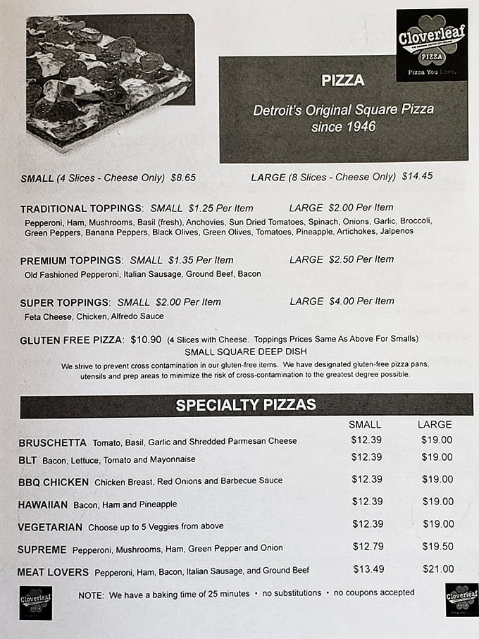 Detroit's original square pizza since 1946—a menu that doesn't need fancy fonts when the food speaks this loudly.
