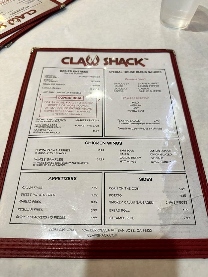 The menu reads like a love letter to seafood enthusiasts – boiled entrées, special house sauces, and the promise of delicious decisions ahead.