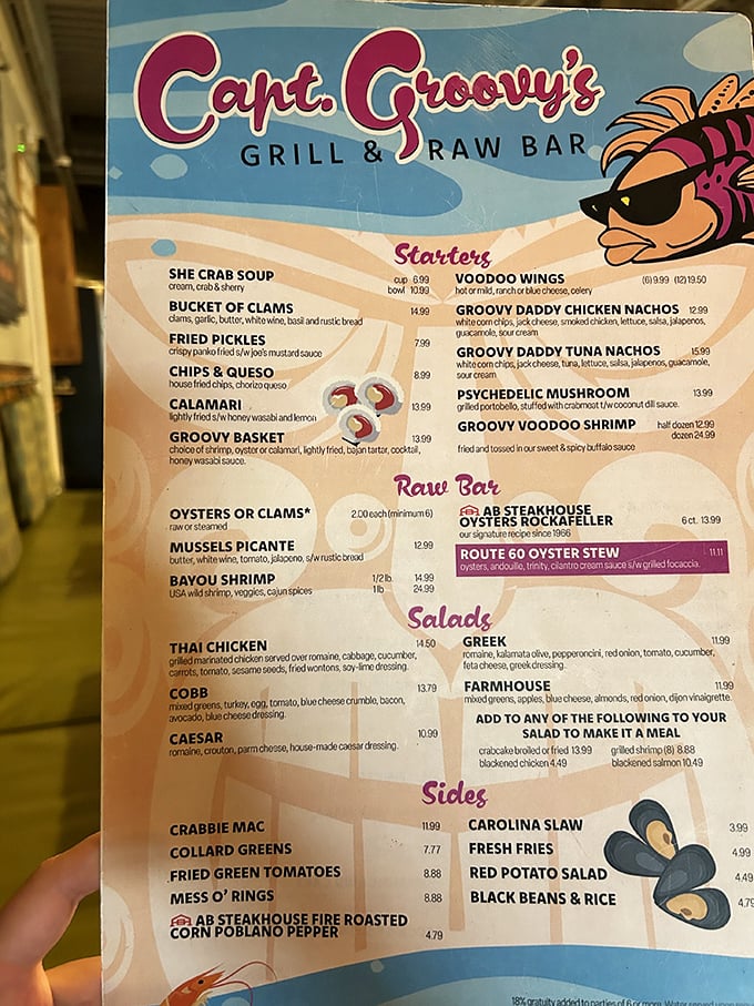 The menu reads like a love letter to seafood enthusiasts – that cartoon fish with sunglasses knows you're about to make some excellent decisions.