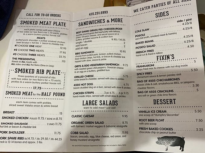 A menu that reads like poetry to carnivores – straightforward offerings with no pretense, just the promise of smoky satisfaction.