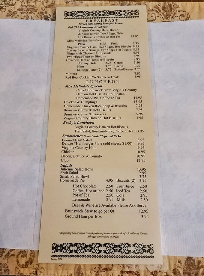 This menu isn't just a list of dishes—it's a historical document of Southern culinary traditions that have stood the test of time.