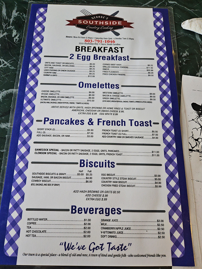 This blue-checkered menu isn't just a list of options—it's a roadmap to breakfast paradise with all the Southern classics.