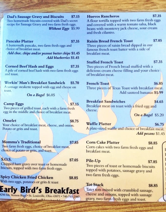 This menu isn't just a list of options—it's a roadmap to breakfast nirvana, with "Dad's Sausage Gravy and Biscuits" leading the expedition.