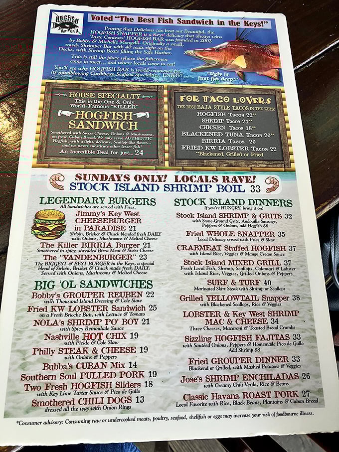 This menu isn't just a list of options—it's a treasure map to seafood nirvana where the Hogfish Sandwich has achieved legendary status.