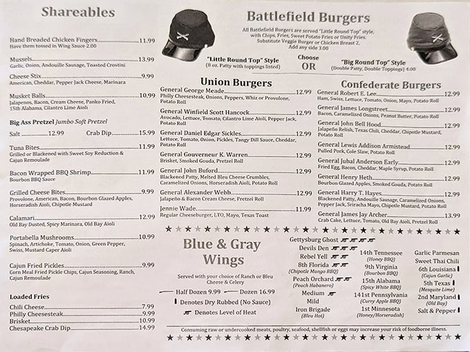 The menu's "Union" and "Confederate" burger sections prove that in this establishment, delicious division is the only kind allowed.