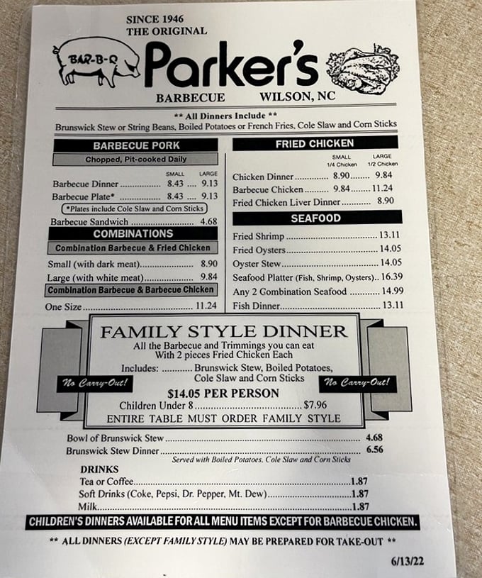 The menu at Parker's reads like a love letter to Eastern North Carolina traditions. Notice there's no "kale salad" or "deconstructed" anything in sight.