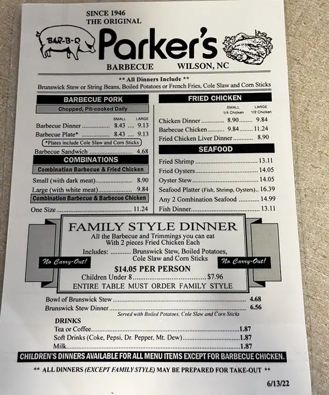 The menu at Parker's reads like a love letter to Eastern North Carolina traditions. Notice there's no "kale salad" or "deconstructed" anything in sight.