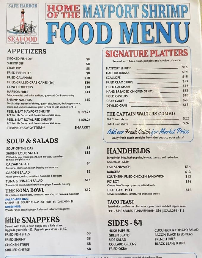 The menu reads like a love letter to Florida's waters. "Home of the Mayport Shrimp" isn't marketing—it's geography and pride on a plate.