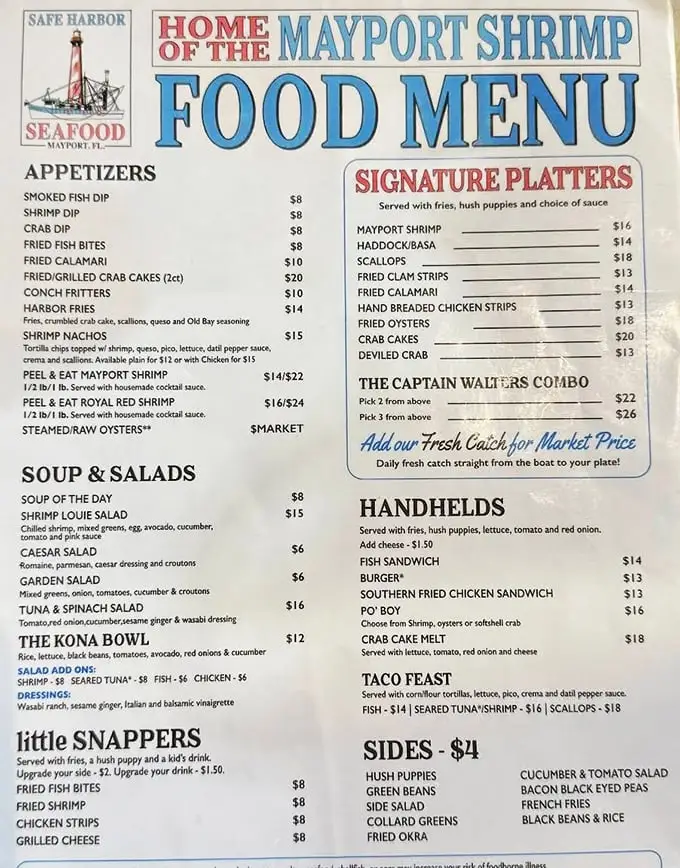 The menu reads like a love letter to Florida's waters. "Home of the Mayport Shrimp" isn't marketing—it's geography and pride on a plate.