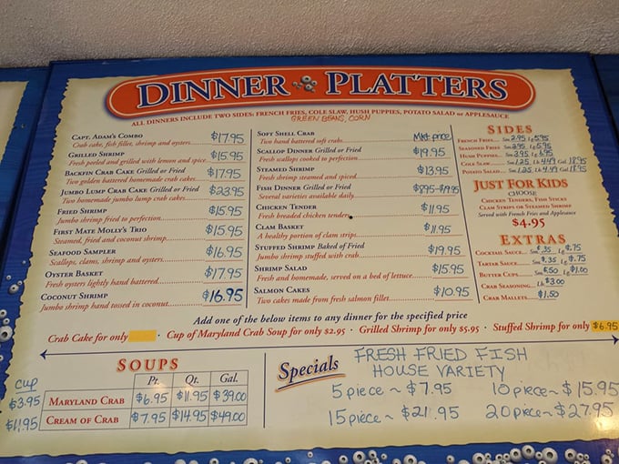 A menu that reads like a love letter to Maryland seafood. Captain Andy's Combo is the seafood equivalent of hitting the lottery.