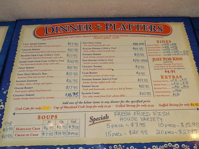 A menu that reads like a love letter to Maryland seafood. Captain Andy's Combo is the seafood equivalent of hitting the lottery.