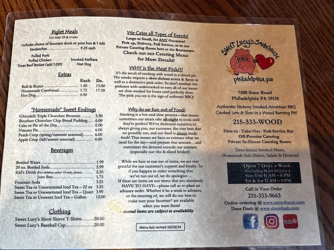The menu tells the whole story—authentic hickory-smoked American BBQ cooked low and slow. Your stomach is already saying "thank you."