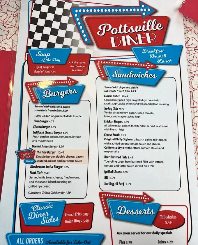 This menu isn't just a list of food—it's a roadmap to happiness. The retro design matches the diner's commitment to timeless classics.