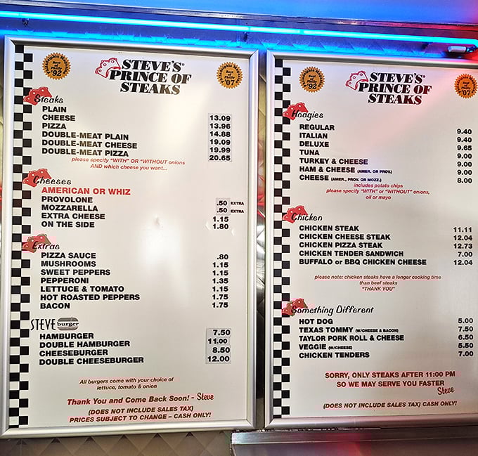 The menu board at Steve's reads like poetry to the hungry—straightforward offerings with no pretension, just the promise of satisfaction.