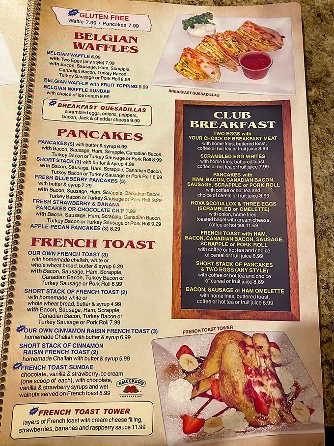 This menu isn't just reading material—it's a roadmap to happiness. Belgian waffles to French toast towers, it's like the United Nations of breakfast diplomacy.