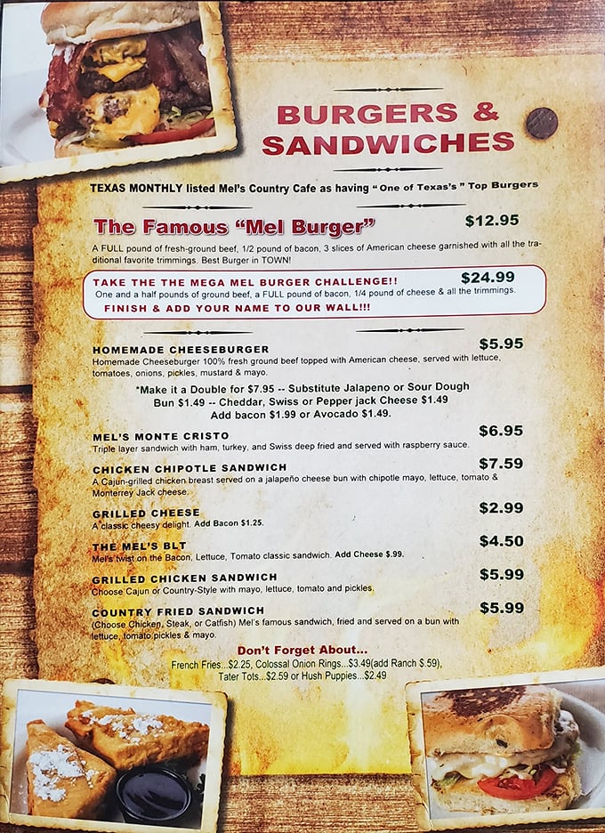 The menu at Mel's reads like a love letter to Texas comfort food, with the legendary Mega Mel Burger challenging brave souls.
