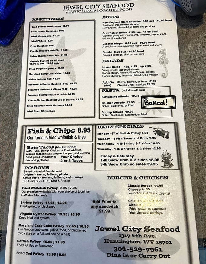 This menu isn't just a list—it's a maritime adventure waiting to happen. From po'boys to snow crab, it's a roadmap to seafood bliss.